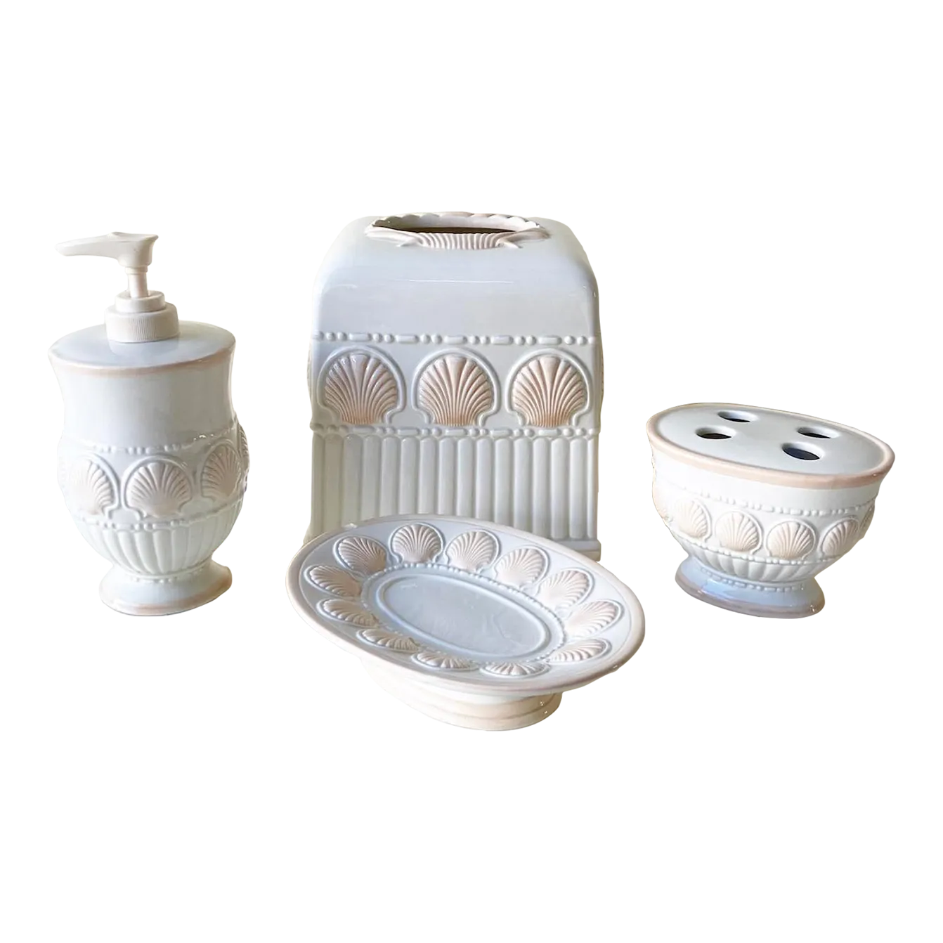 Coastal Pink Shell Ceramic Bathroom Container Set by Jc Penny | Chairish