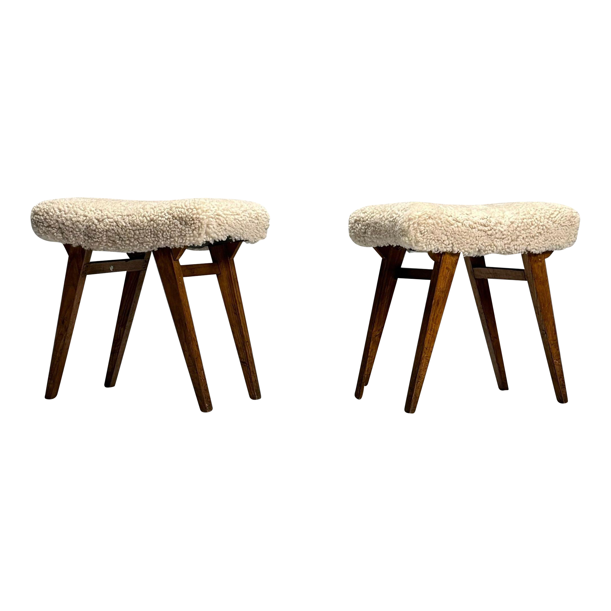 Italian Mid-Century Modern, Rustic Stools, Beige Shearling, Stained ...