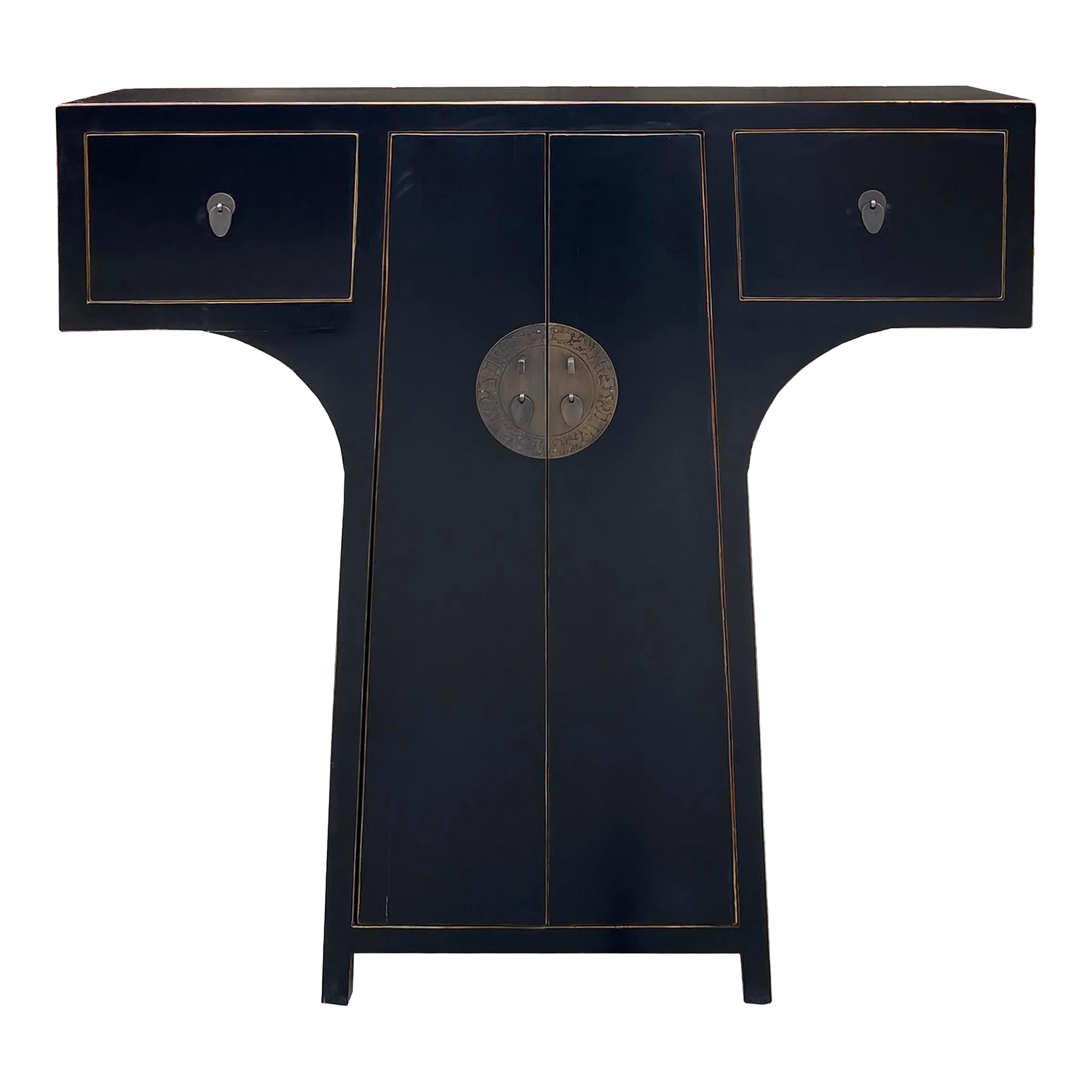 Chinese Moon Face T-Shape Black Lacquer Drawers Side Table Cabinet ...