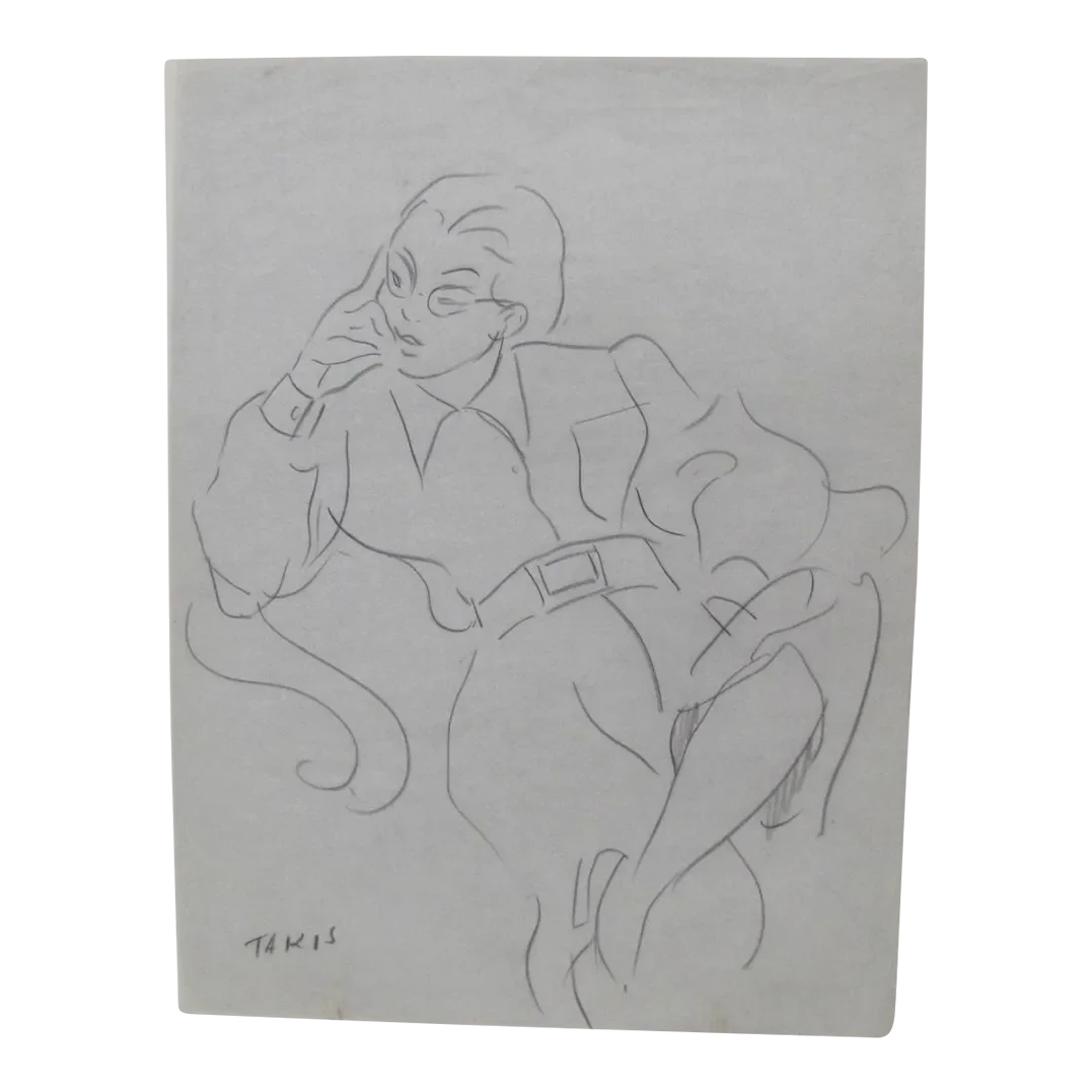 1950s Nickolas Takis Ink on Paper "Woman With Belt Reclining" Original ...