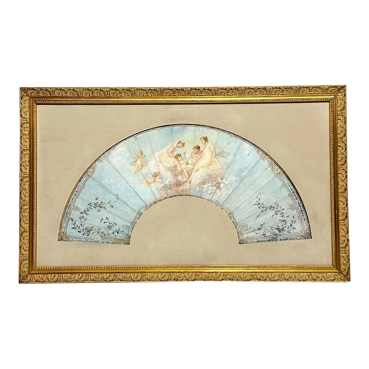 Antique French Louis XV Period Painted Pale Blue Fan in Gilt Frame With ...