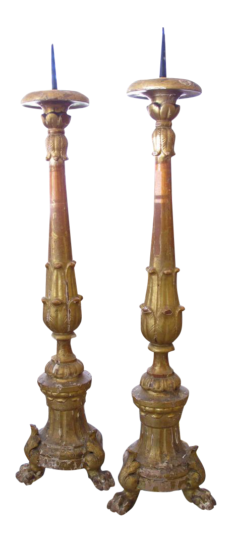 A Large & Striking Italian Baroque Style Giltwood Tripod Pricket Sticks ...