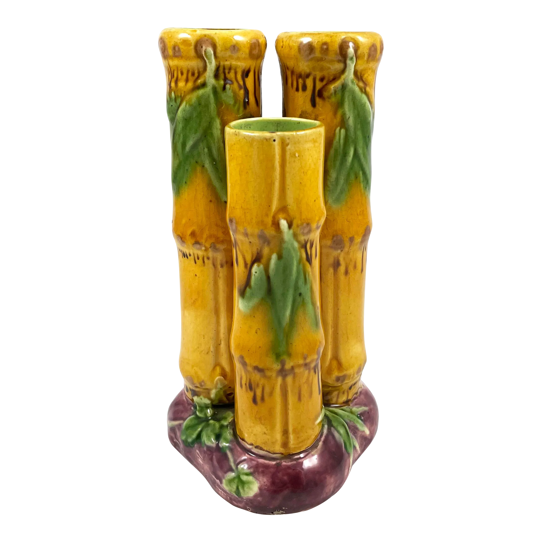 1875 Minton Majolica Tri-Form Bamboo and Leaves Posey Bud Vase, English ...