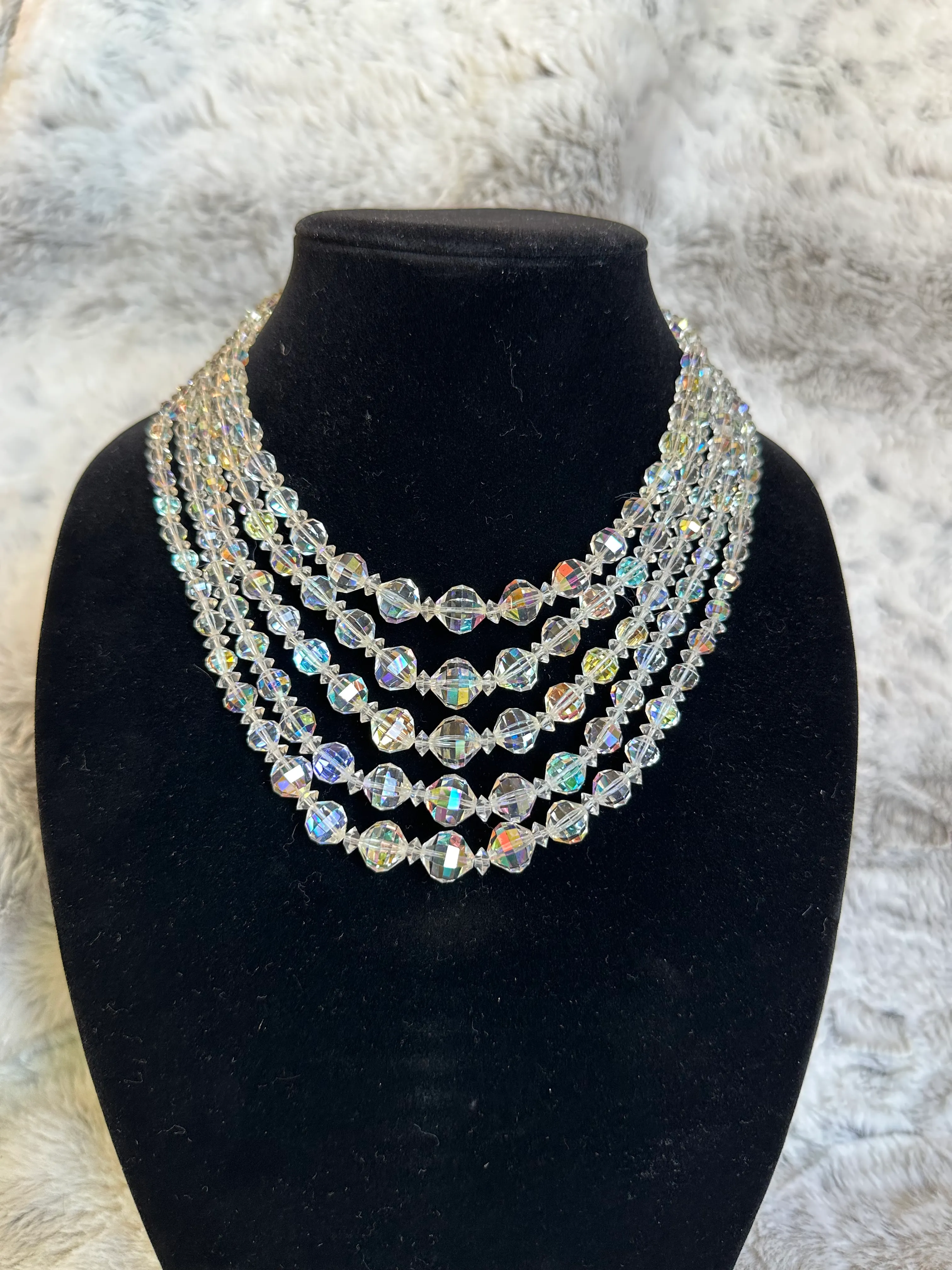 Vintage Signed Laguna Aurora Borealis Crystal Bib Necklace 5 Strand