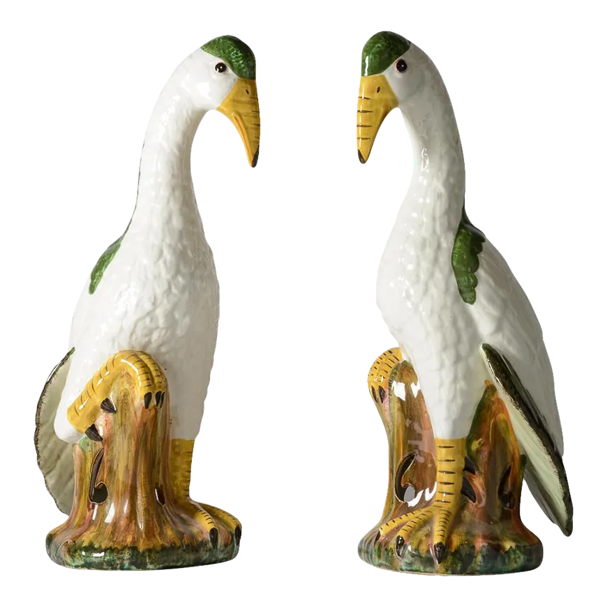 Pair of Italian Glazed Ceramic Decorative Birds in White & Green | Chairish