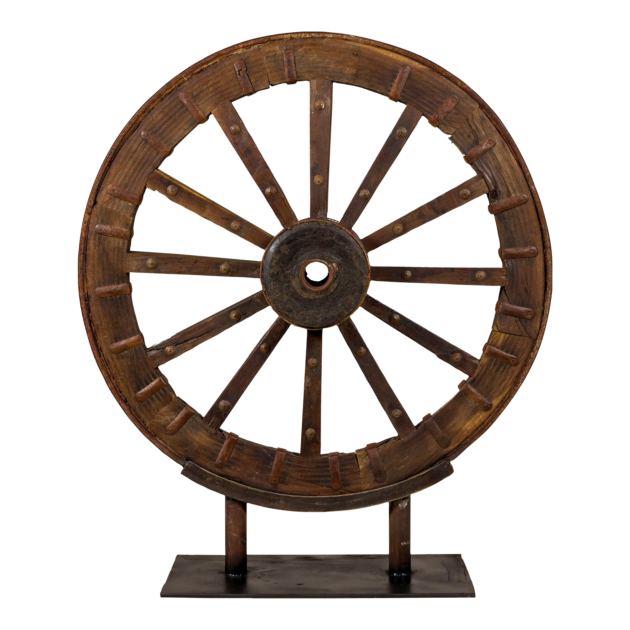 Antique Large Wood & Metal Cart Wheel Mounted on Custom Base | Chairish