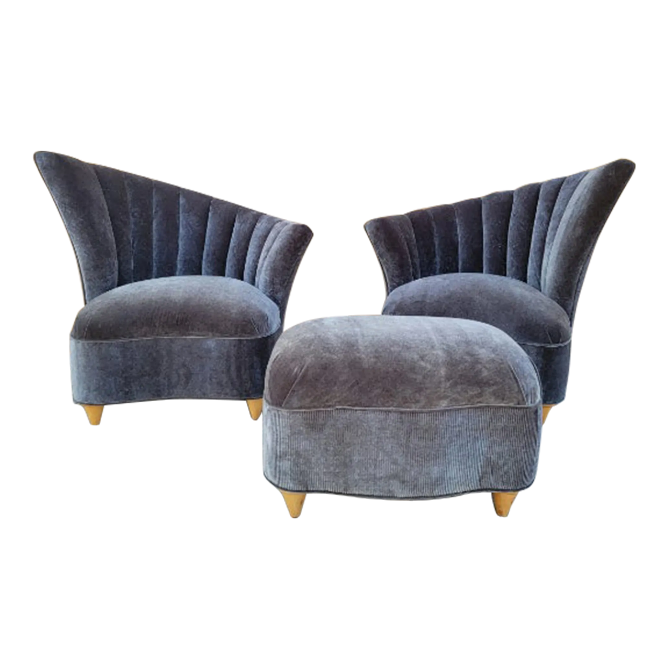 1940s Art Deco Asymmetrical Channel Fan Back Lounge Chairs and Ottoman ...