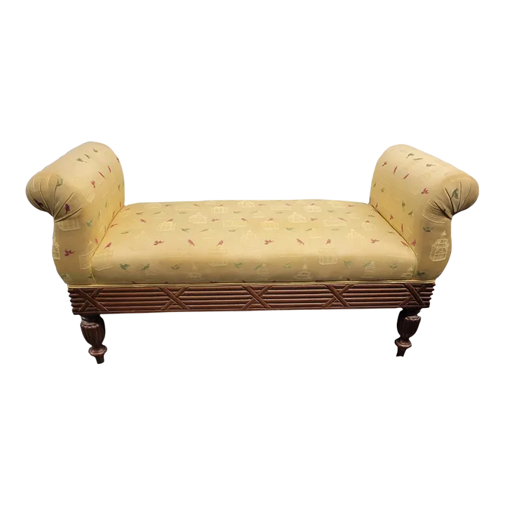 Traditional Butter Yellow Upholstered Bench With Rolled Arms and Birds ...