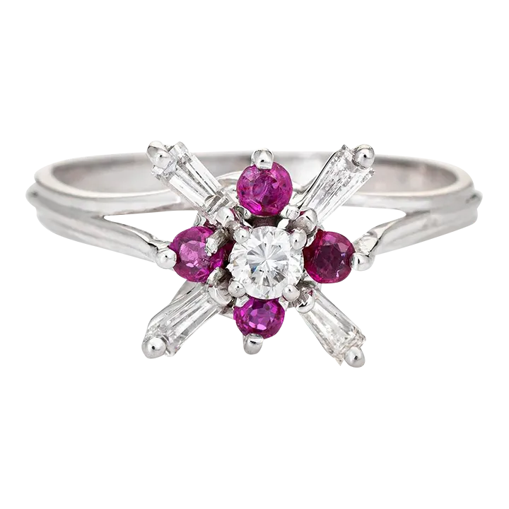 Mid 20th Century Diamond Ruby Star Ring Vintage 18 Karat White Gold Fine Cocktail size 6.25 ...