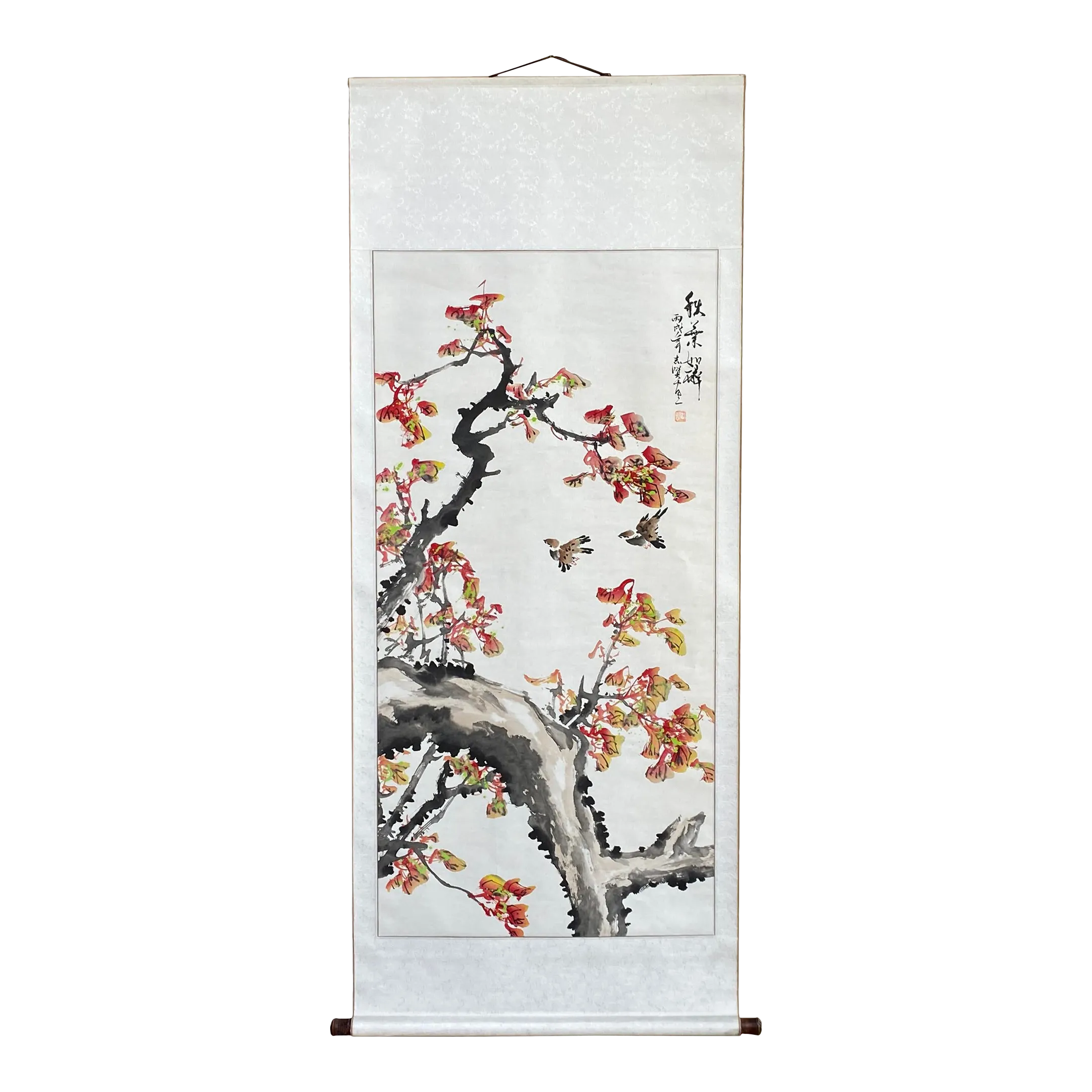 Chinese Color Ink Autumn Burn Brown Leaves Scroll Painting Wall Art ...