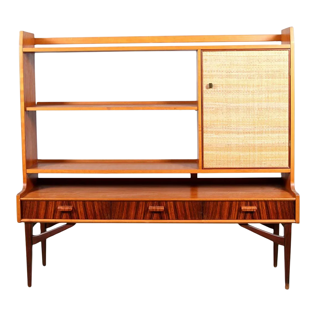 Narrow 1950s Bookcase / Wall Unit in Teak, Jacaranda + Cane | Chairish