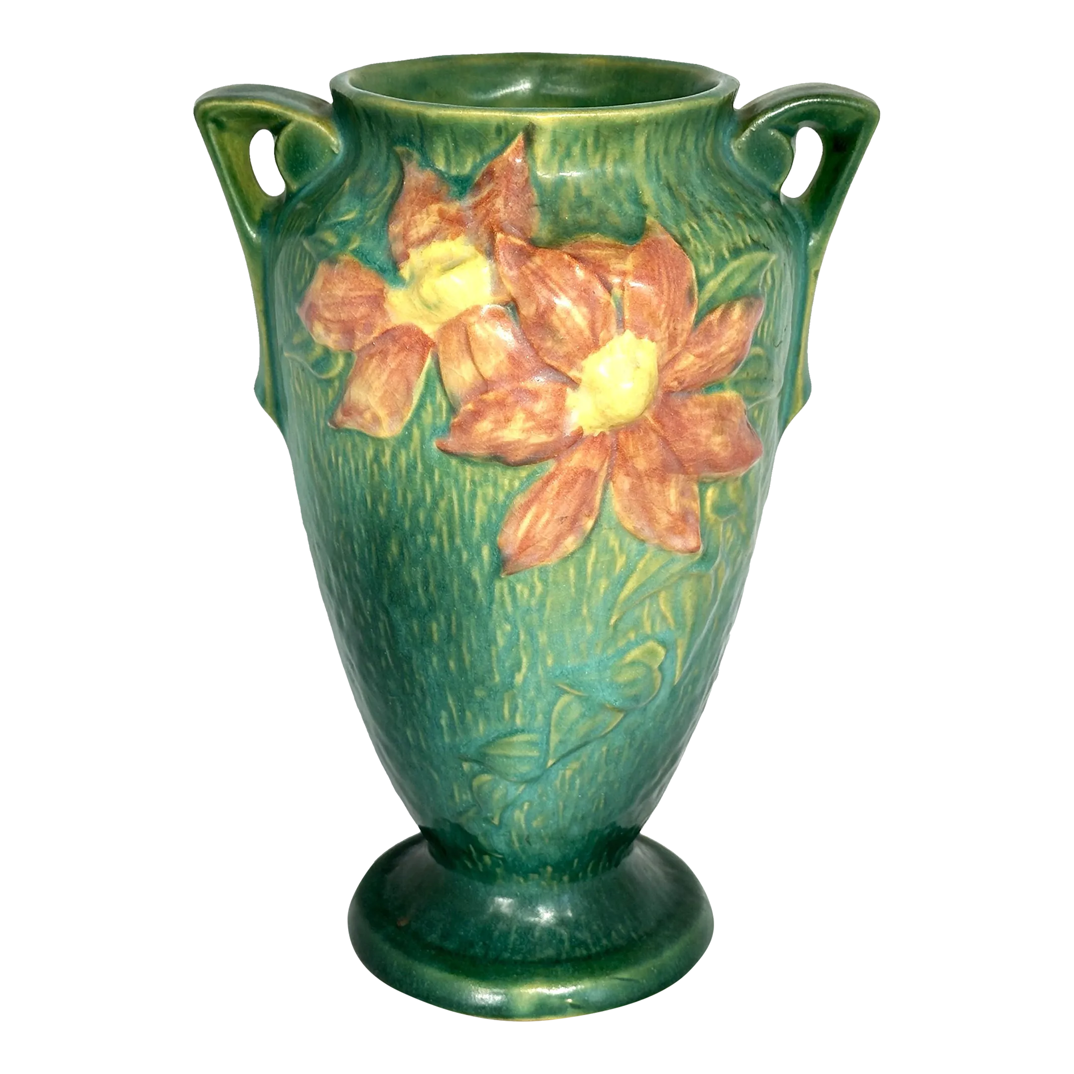 1940s Roseville Vase, Clematis Flower Design, Shape #111-10", Green With Pink Flower, Vintage ...