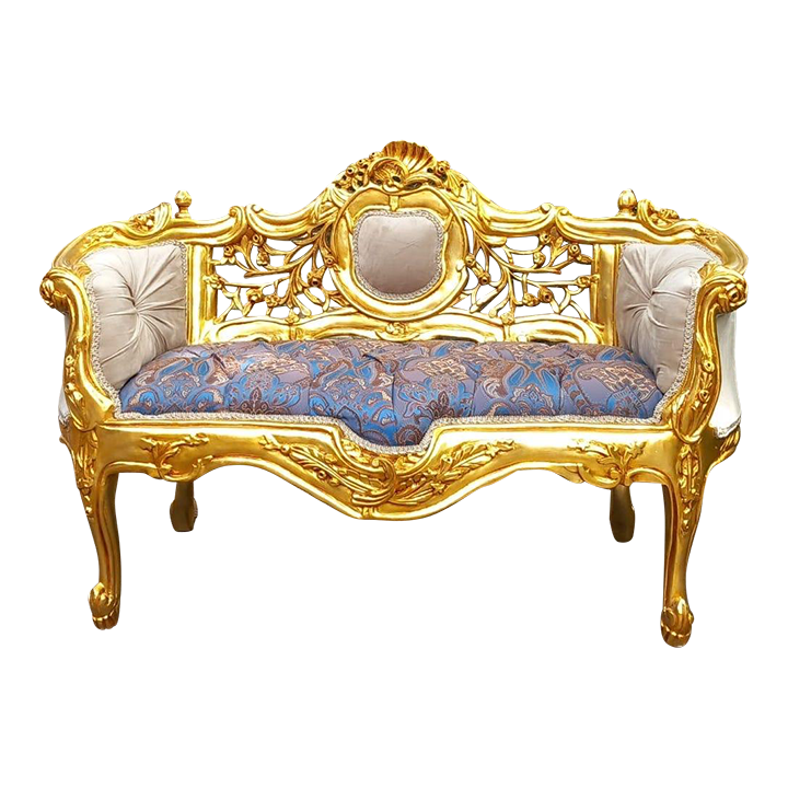 1990's French Louis XVI Style Settee in Gold Beech, Blue Damask and Tan ...