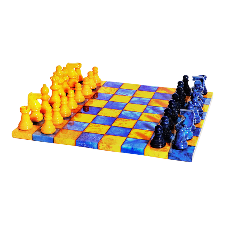 Italian Lapis Blue/Mustard Large Alabaster Chess Set | Chairish