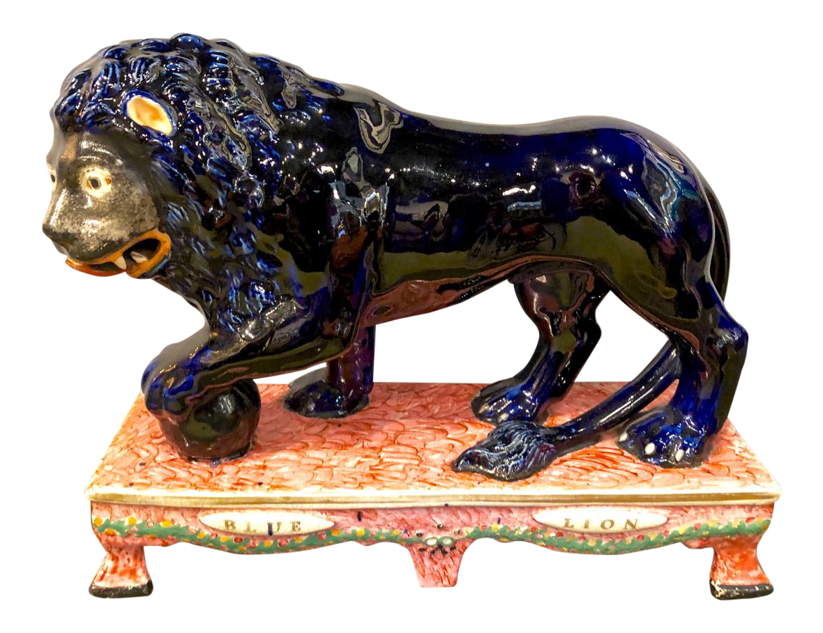Early 20th Century Blue Stafford Lion Figurine | Chairish