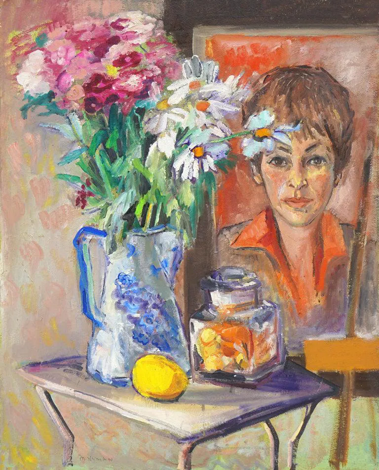 Marjorie Hyman Portrait of the Artist and Still Life 1969 Circa | Chairish