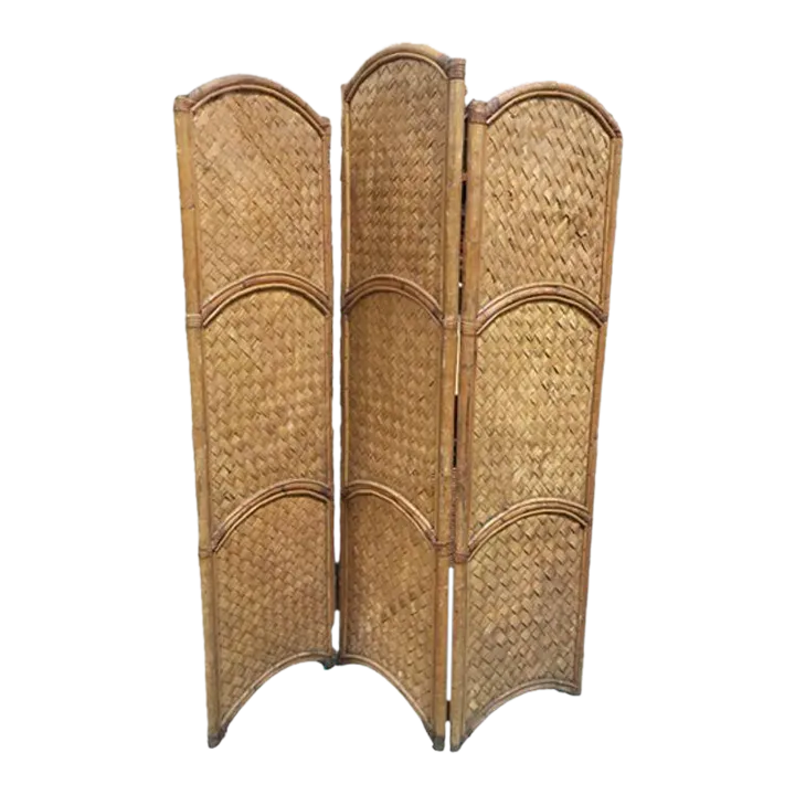 1950s Three Panel Arched Wicker Woven & Rattan Folding Screen | Chairish
