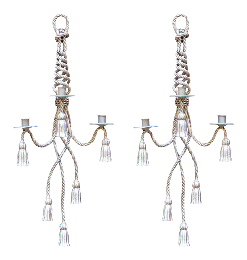 Silver Leaf Rope & Tassel Sconces - A Pair | Chairish