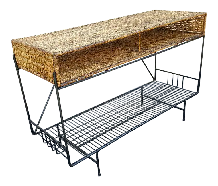 1950s Arthur Umanoff Wicker & Rod Iron Console | Chairish