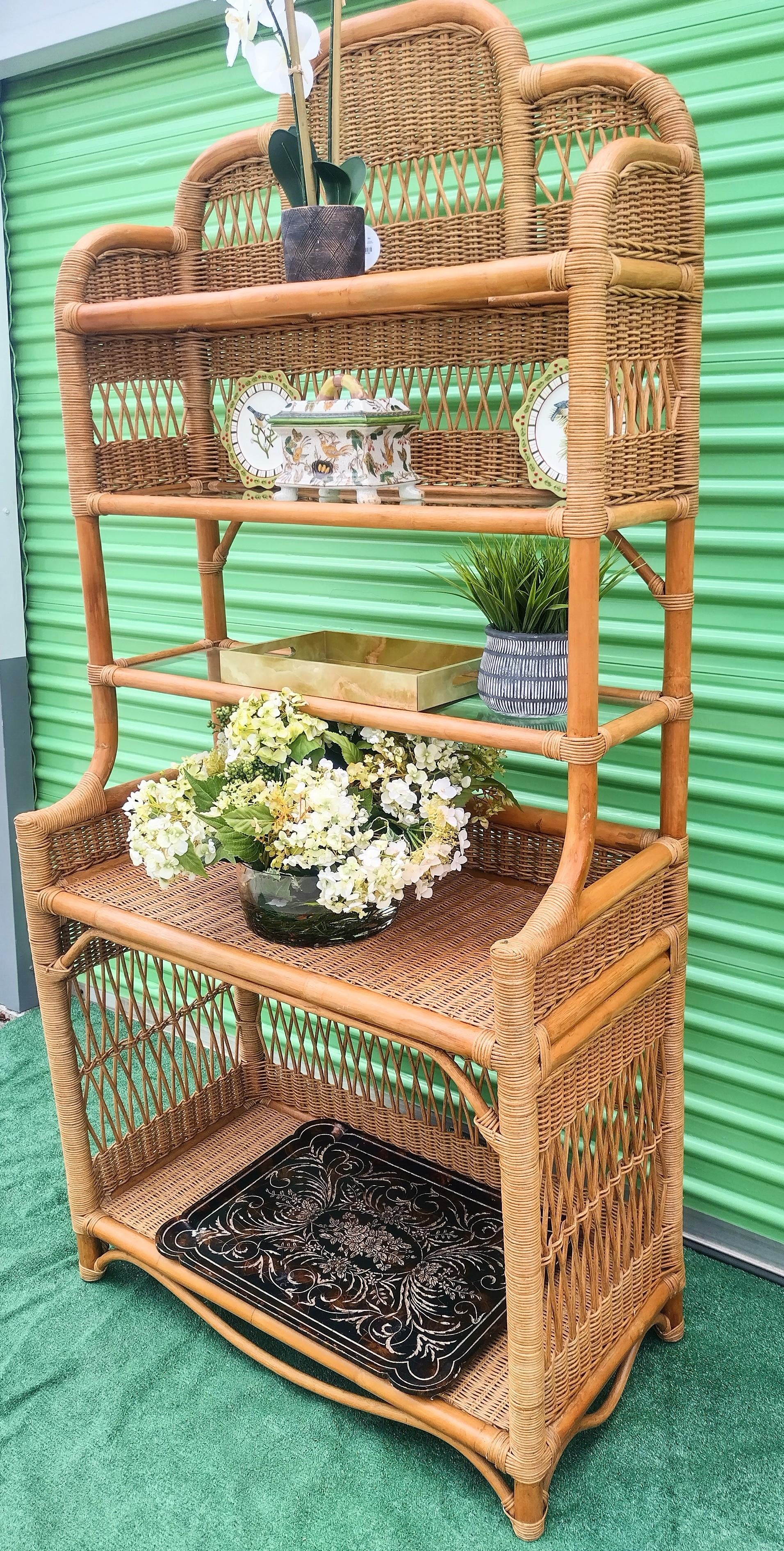 Vintage Wicker Rattan Pagoda Topped 3 Glass Shelf Etagere