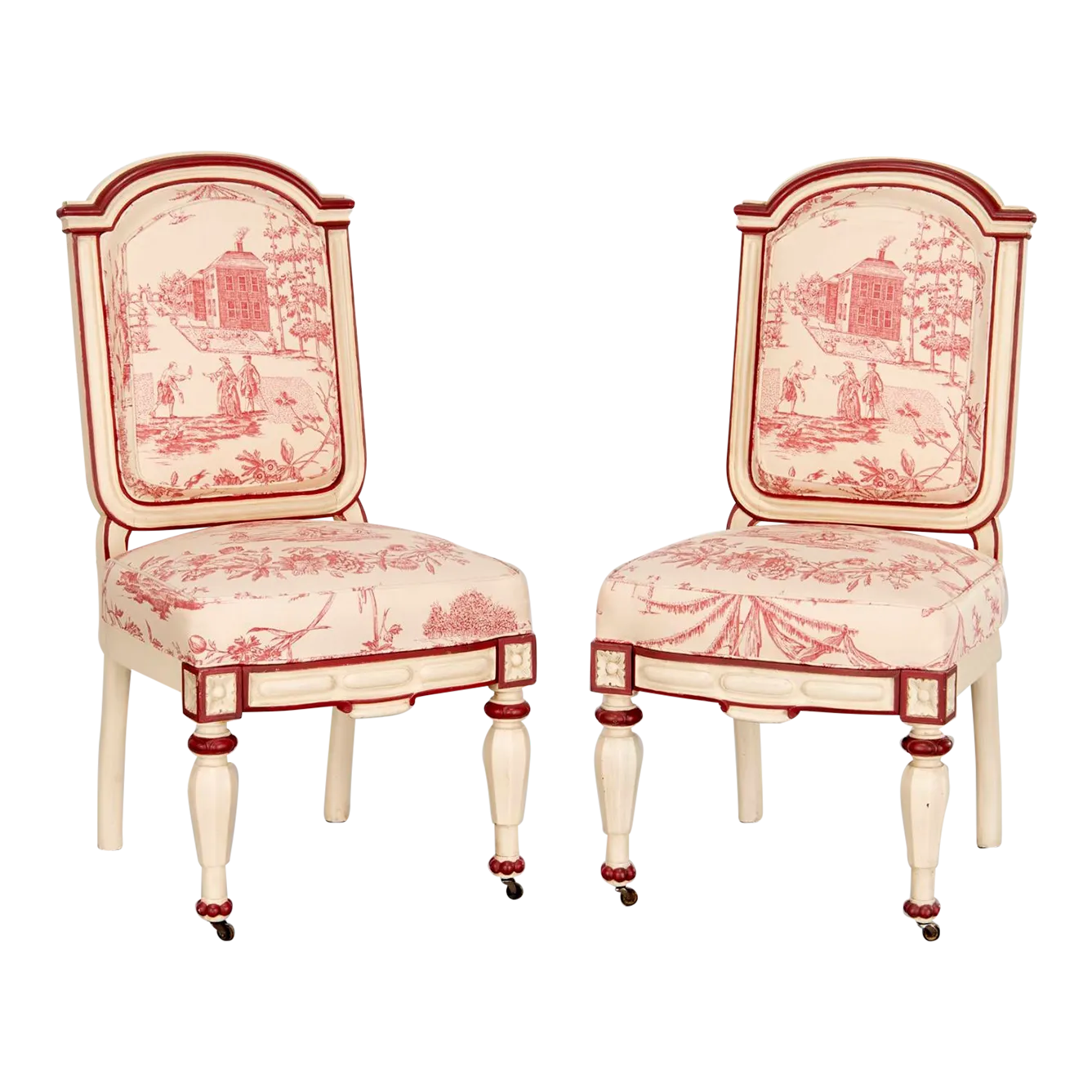 Pair of Antique Victorian Side Chairs - Cream and Red Painted Frame and ...