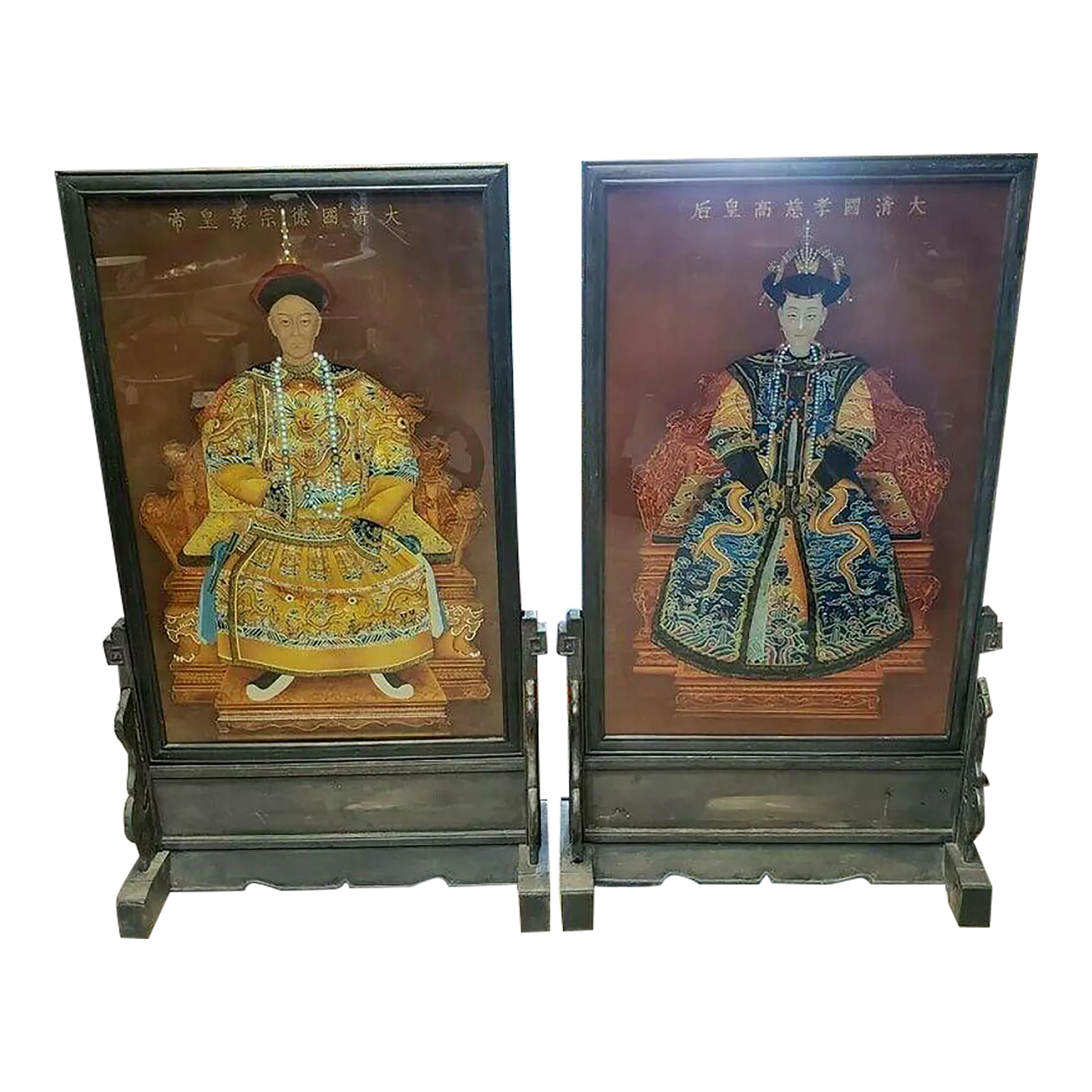 Pair of Circa 1900 Chinese Guangxu Emperor and Empress Dowager Longyu Reverse Painted Table ...