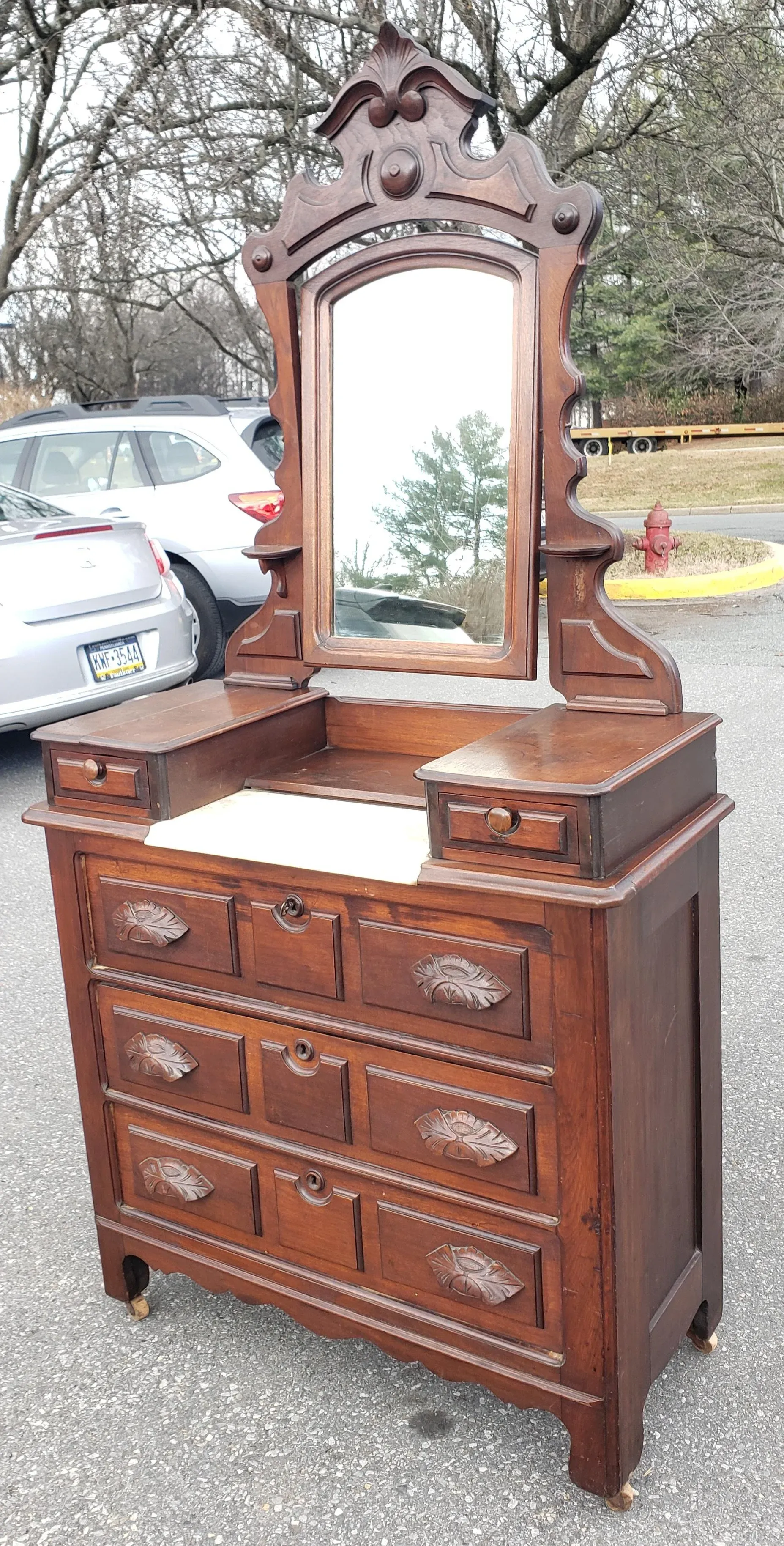 19th C. American Empire Eastlake Mahogany Dresser W Marble Top Inset and Mirror