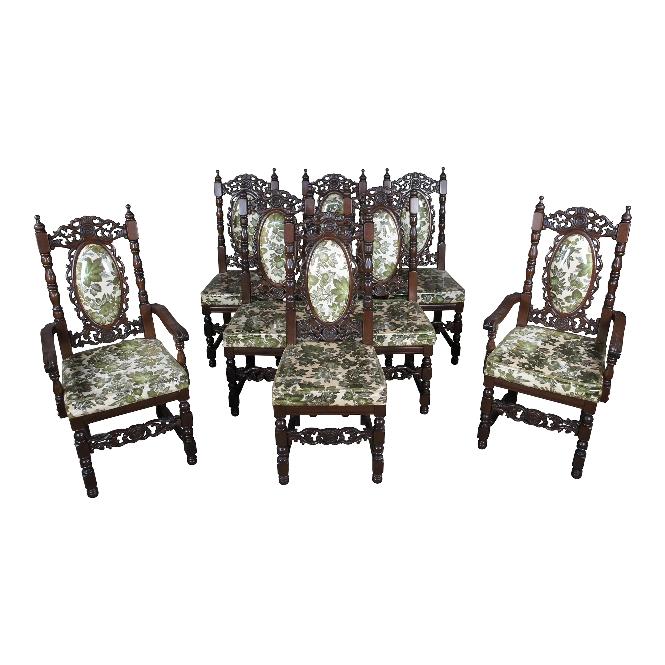 Set of 8 Vintage 20th Century Charles II Carolean Style Carved Oak ...