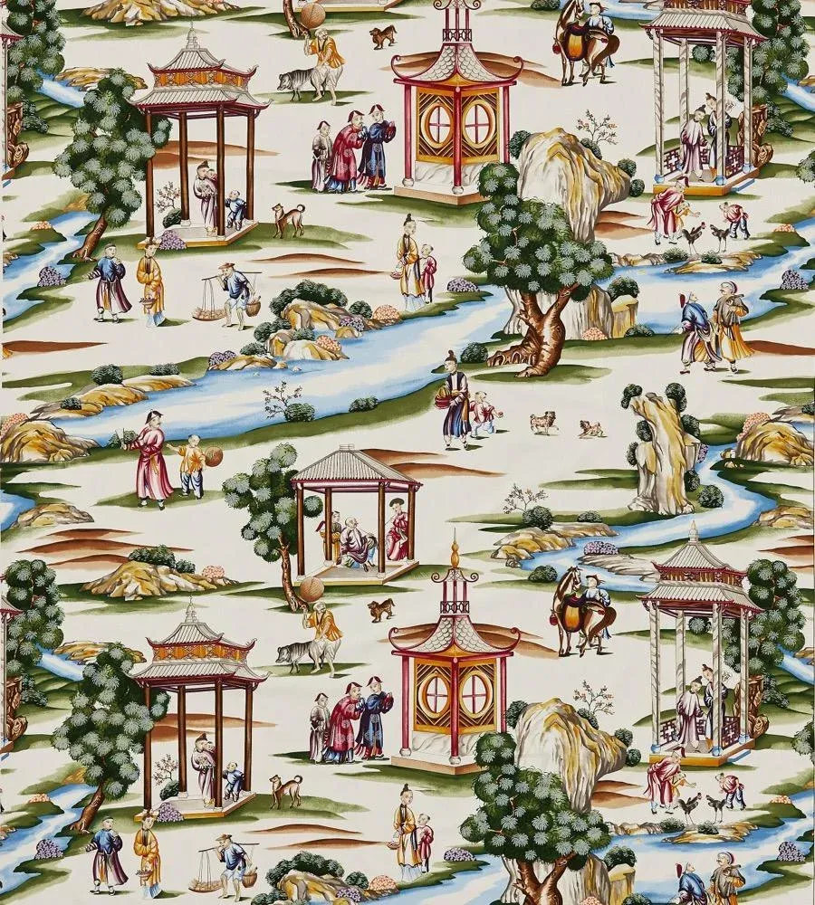 The House of Scalamandré Shanghai Cotton Print Fabric, Multi on Cream ...