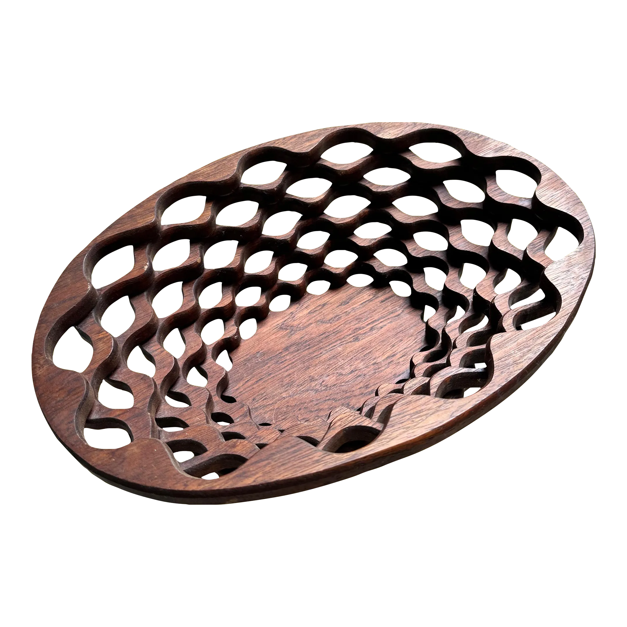 Vintage Handcrafted Sculptural Wood Basket Centerpiece Fretwork Scrollsaw Wobble Bowl | Chairish