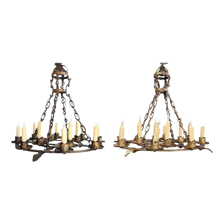 Medieval Style Gilt Forged Iron 12-light Chandeliers - a Pair | Chairish