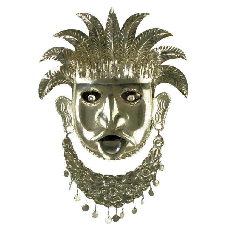 Stamped & Polished Metal Tribal Mask Wall Hanging | Chairish