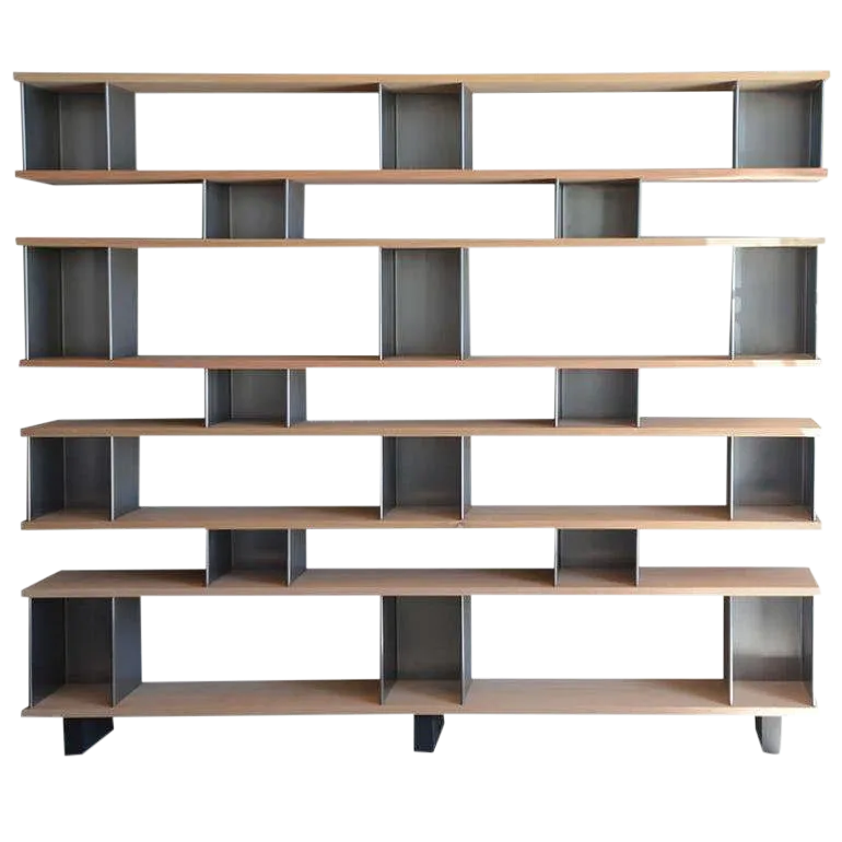 Contemporary "Horizontale" Polished Steel and Oak Shelving Unit | Chairish