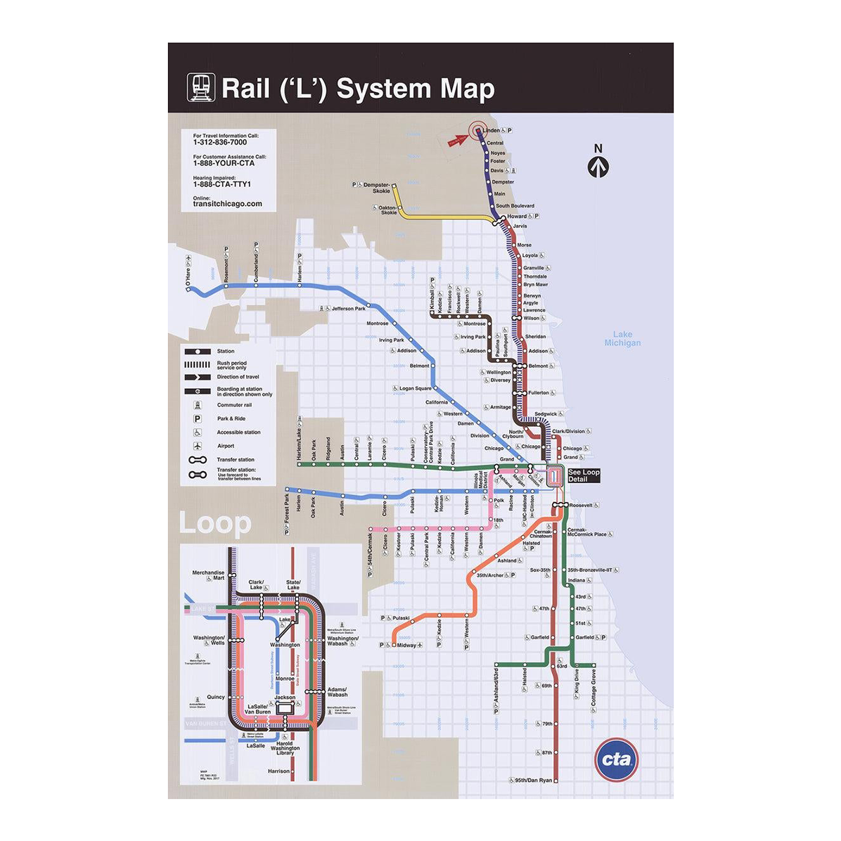 Mid 20th Century Chicago L Rail System Map Multicolor Offset Lithograph ...
