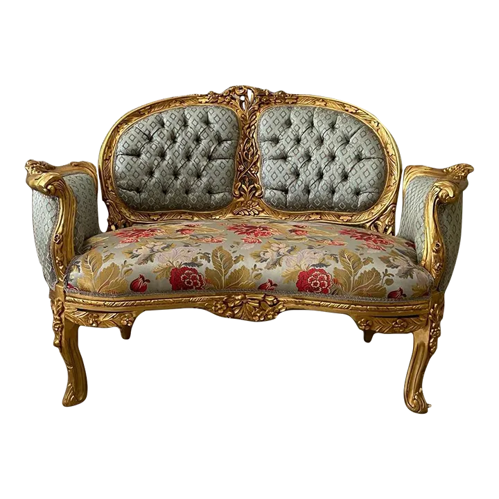 French Rococo Style Damask Fabric Settee | Chairish