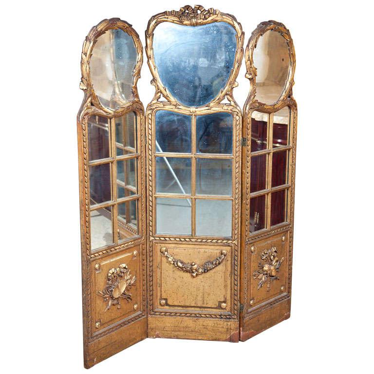 French Gilt & Mirrored Three Panel Divider | Chairish