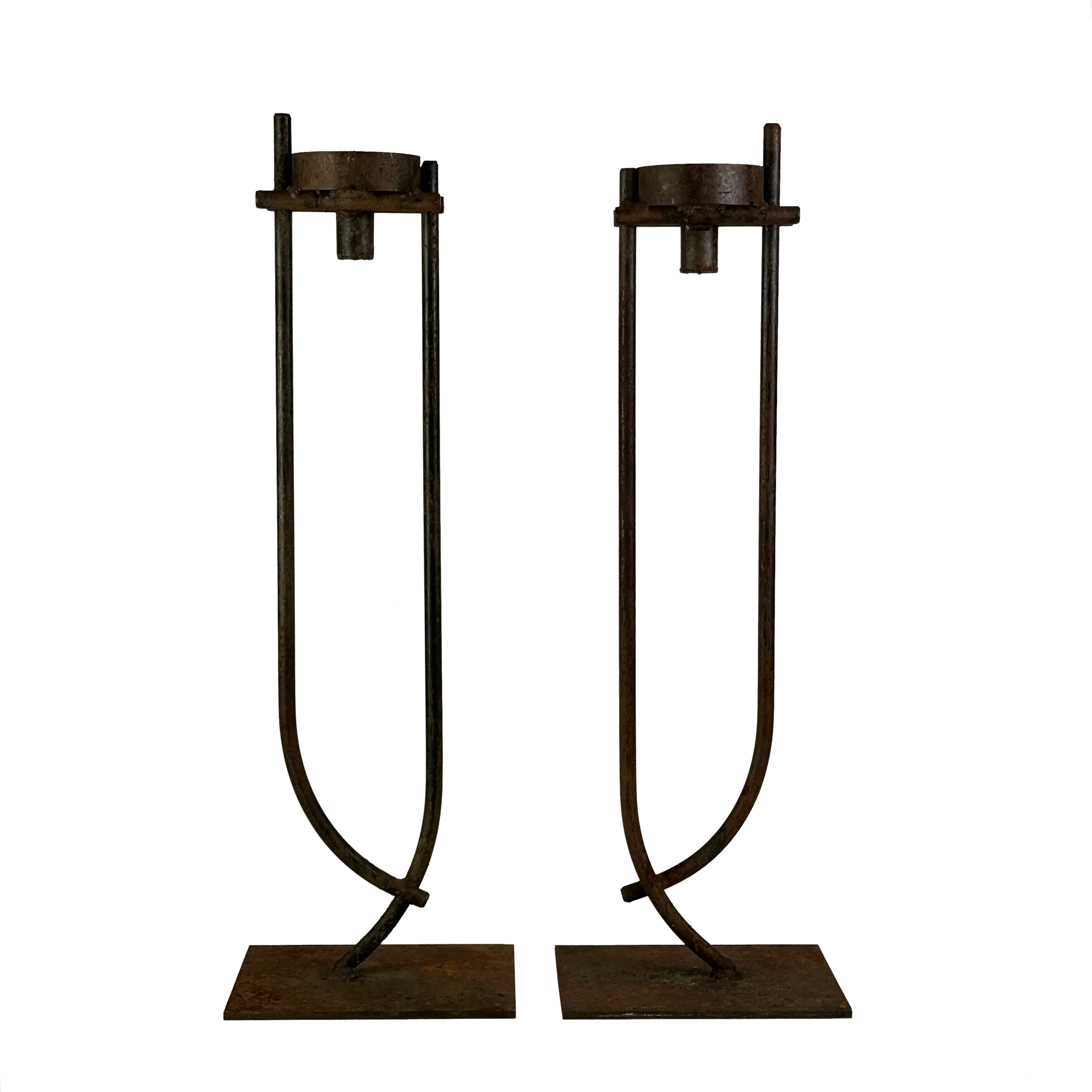 Large Antique Pair of Hand Forged Iron Designer Candlesticks in a Rust ...