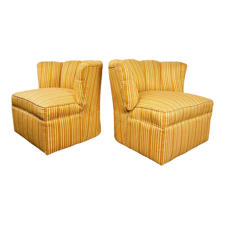 1950s Striped Channel Back Swivel Chairs - A Pair | Chairish