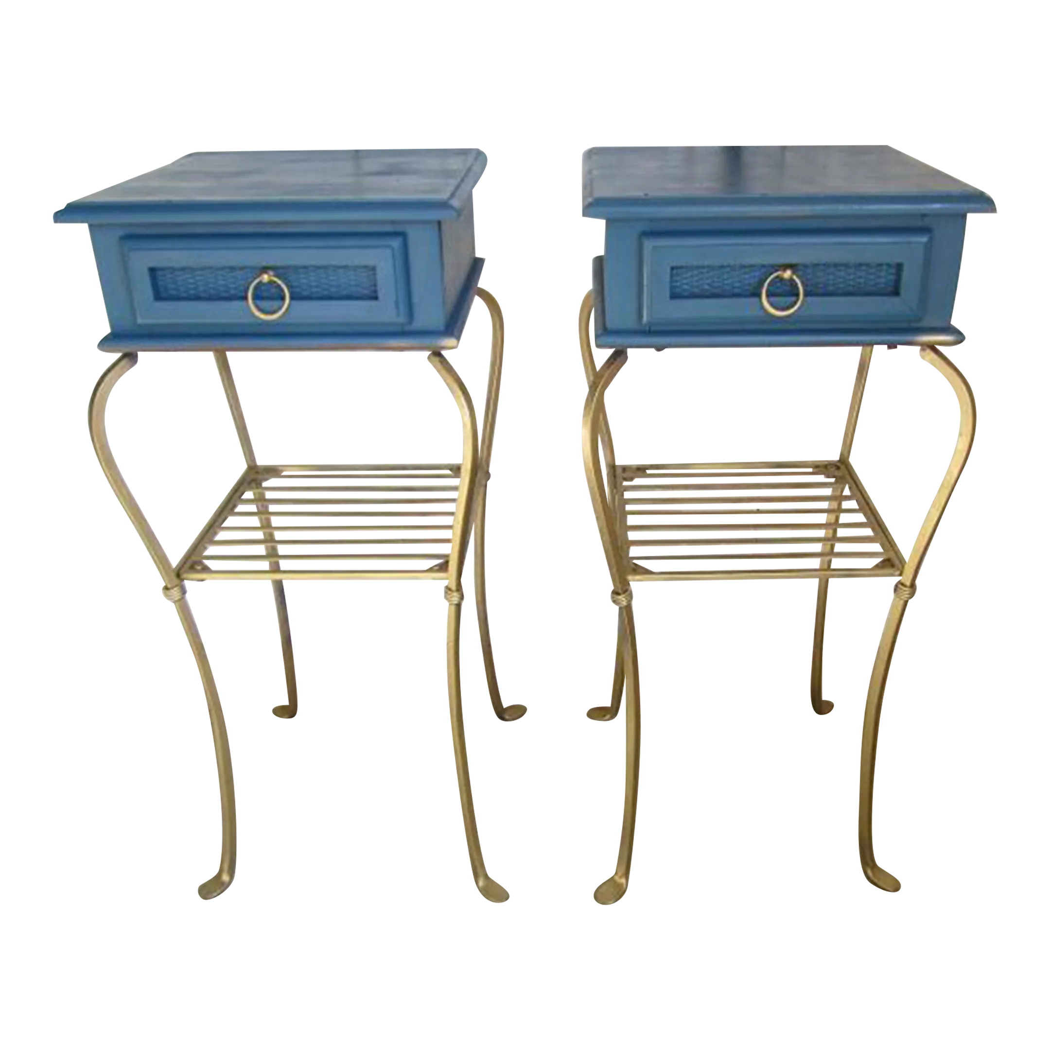 1980s Vintage Wood Blue Metal Side End Table One Drawer Set of Two ...
