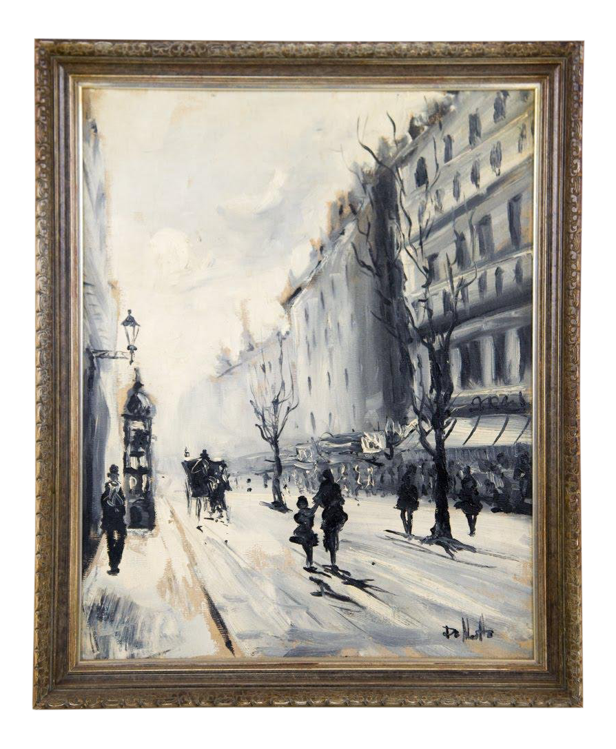 1950s Vintage City Street Monochrome Oil on Canvas Painting | Chairish