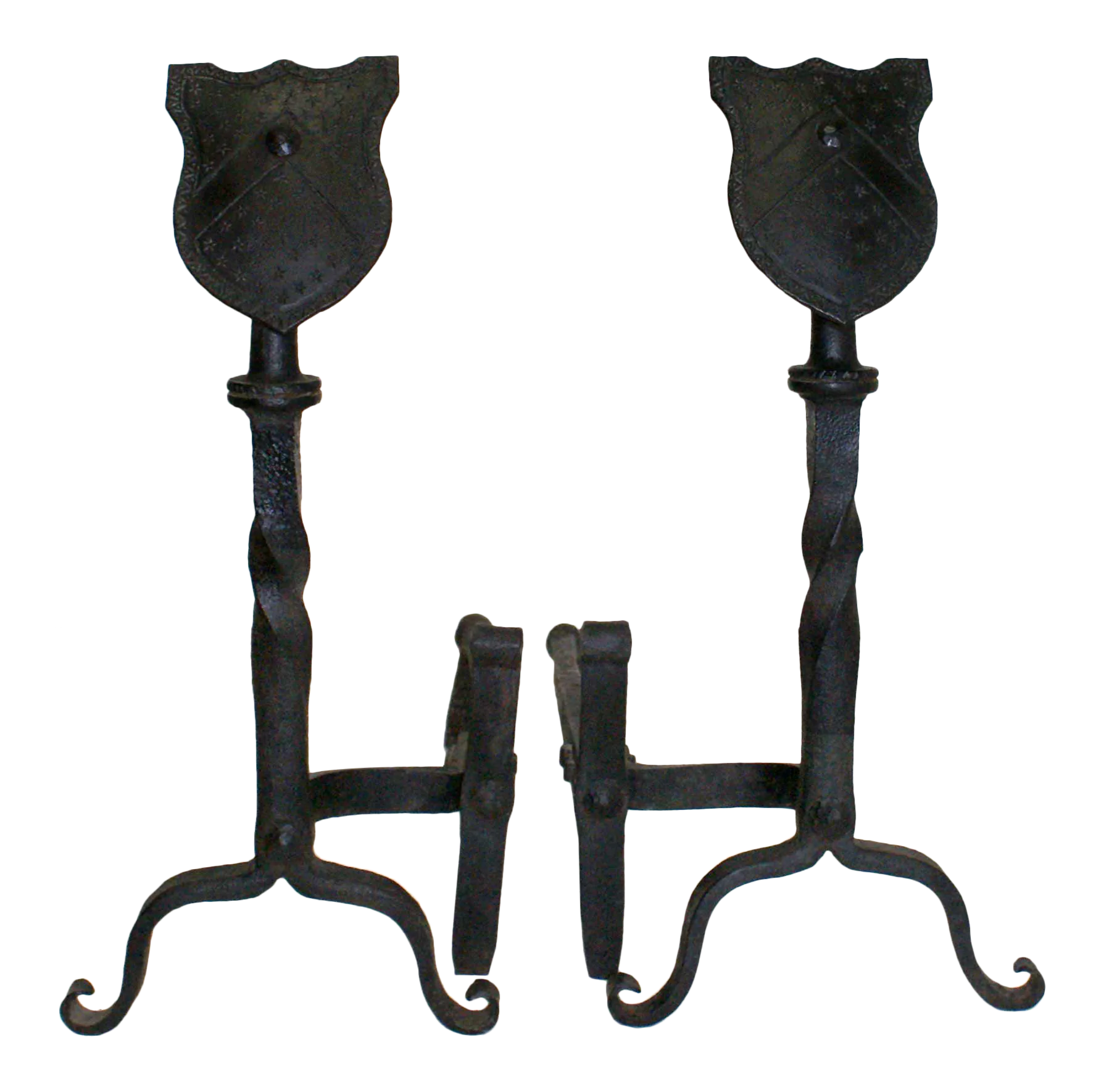 Early 20th Century Wrought Iron Andirons With Shield Form Finials - a ...