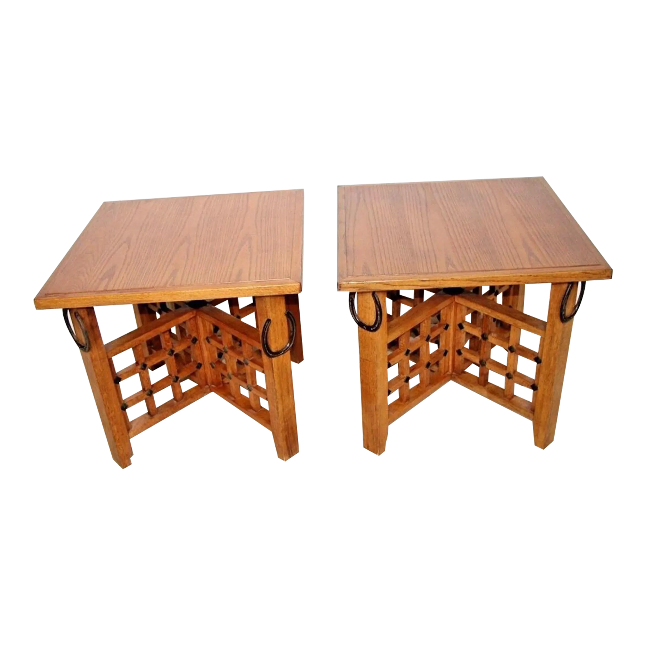 1980s Rustic Western Retro Oak Veneer End Tables Horseshoe Theme ...