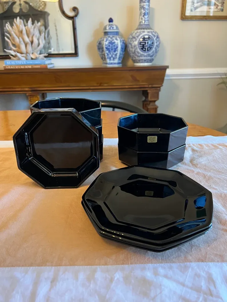 black octagonal dinner set