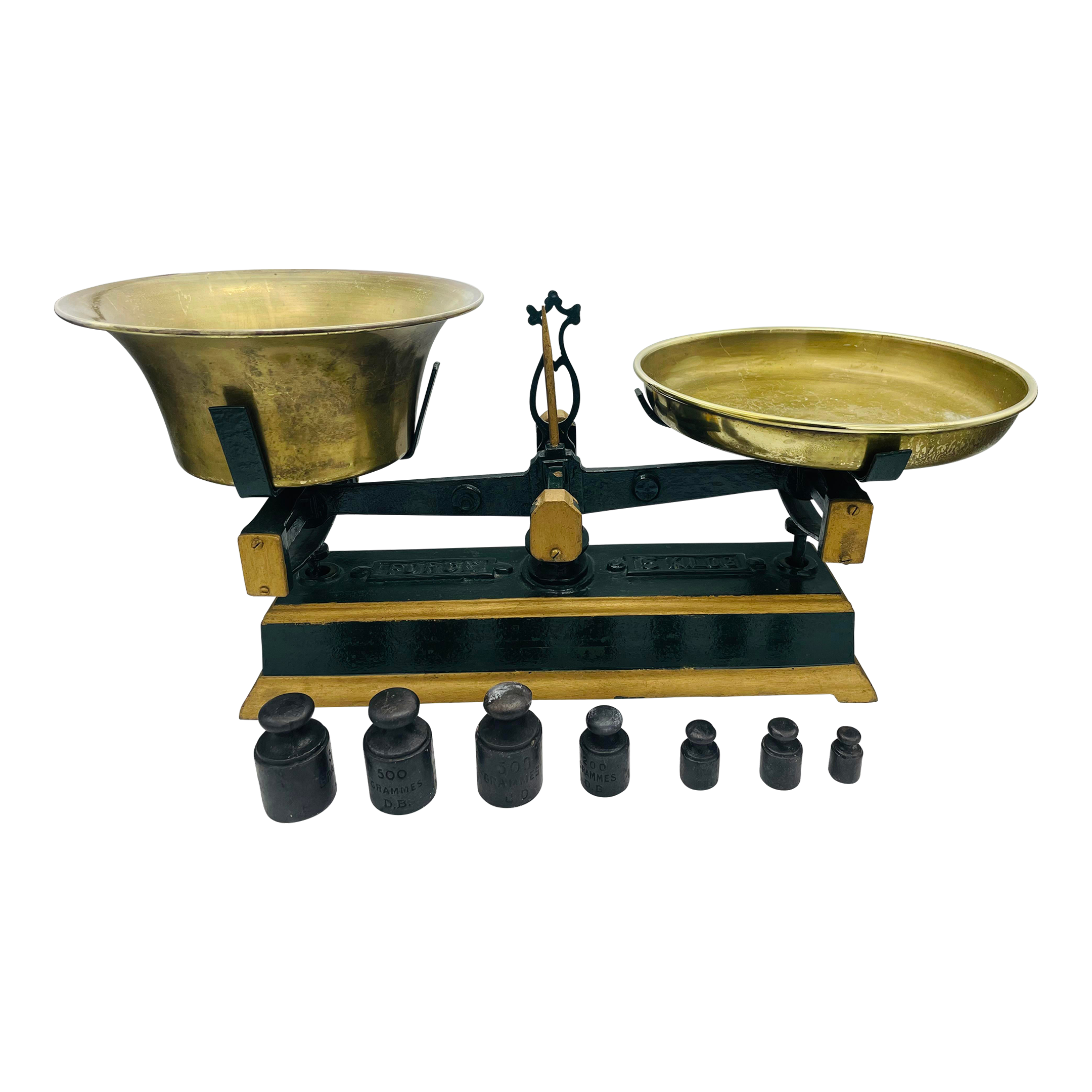 Antique French Iron Scale With Brass Trays and 7 Weights | Chairish