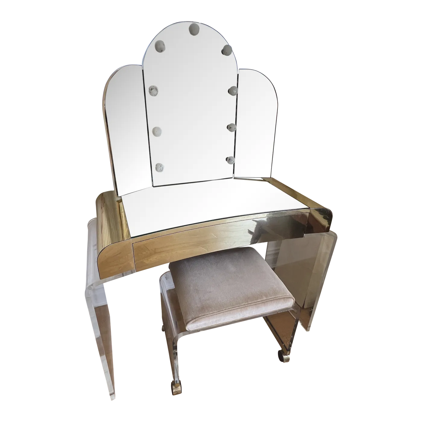 1970s Lucite Brass Arched Vanity Mirror & Stool Made by Hill ...