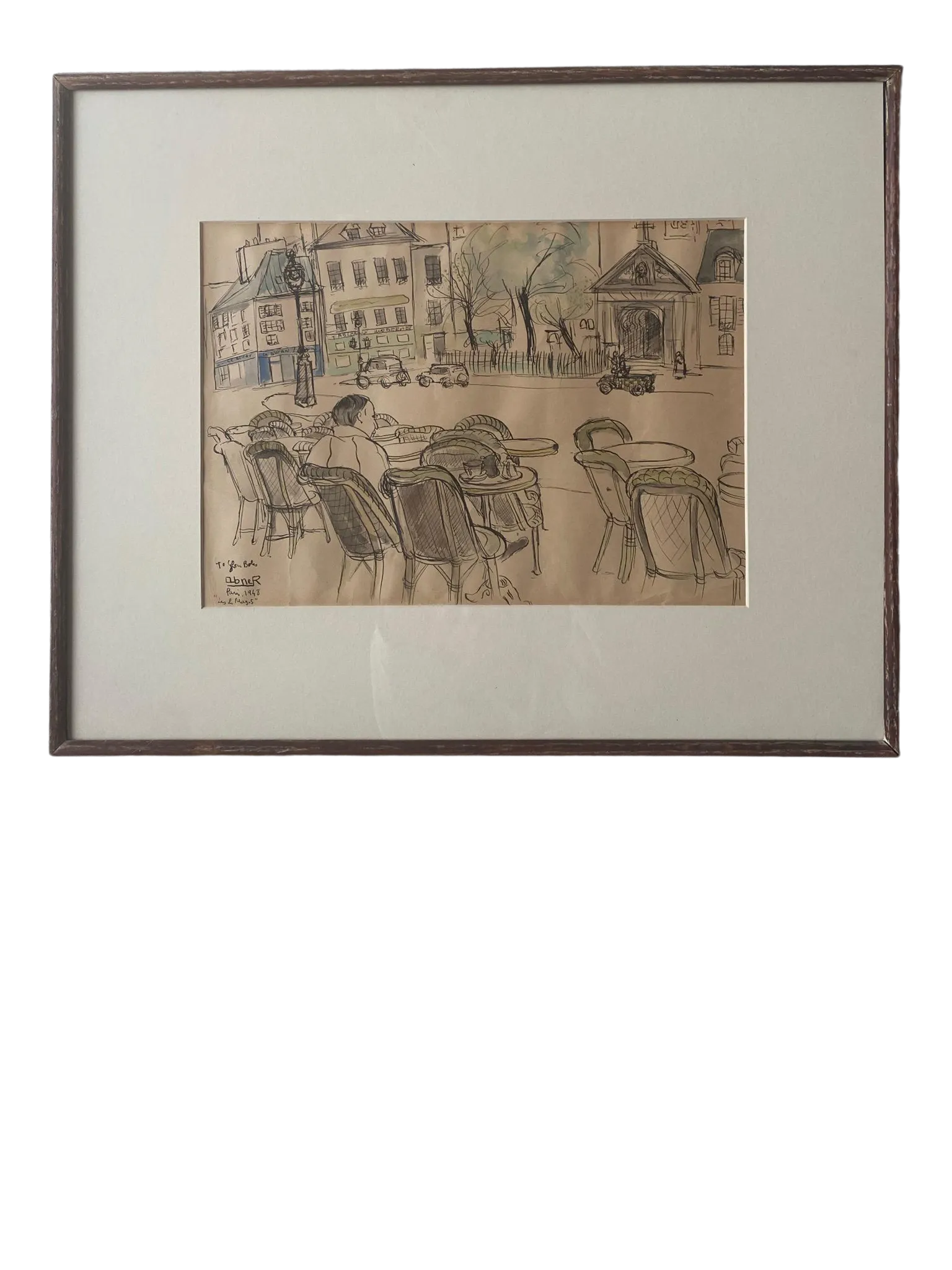 Mid 20th Century "Les 2 Magots" Original Ink and Watercolor Drawing by ...