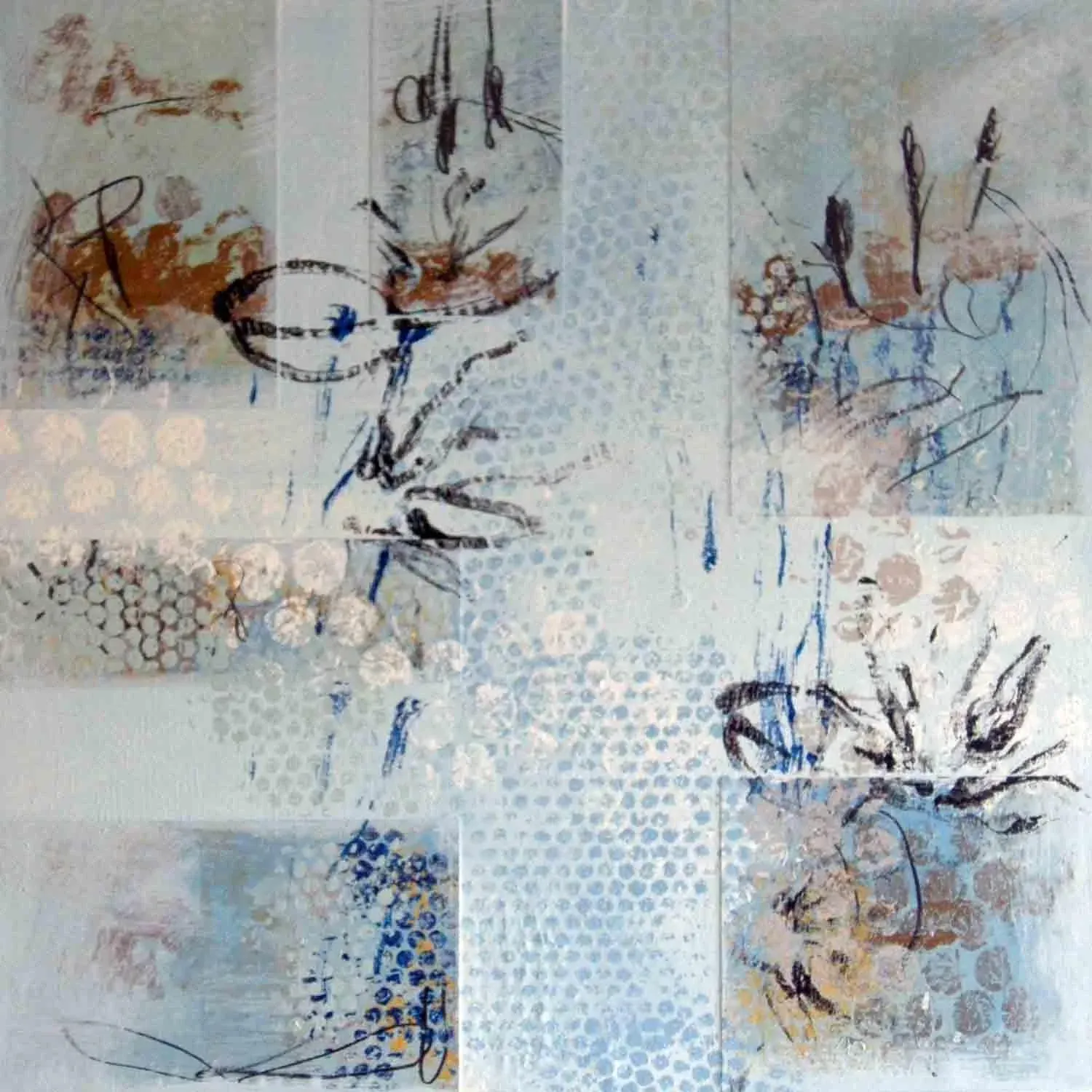 "Effloresce 3" Abstract Acrylic and Mixed-Media Collage Painting on Board Attached to Canvas ...