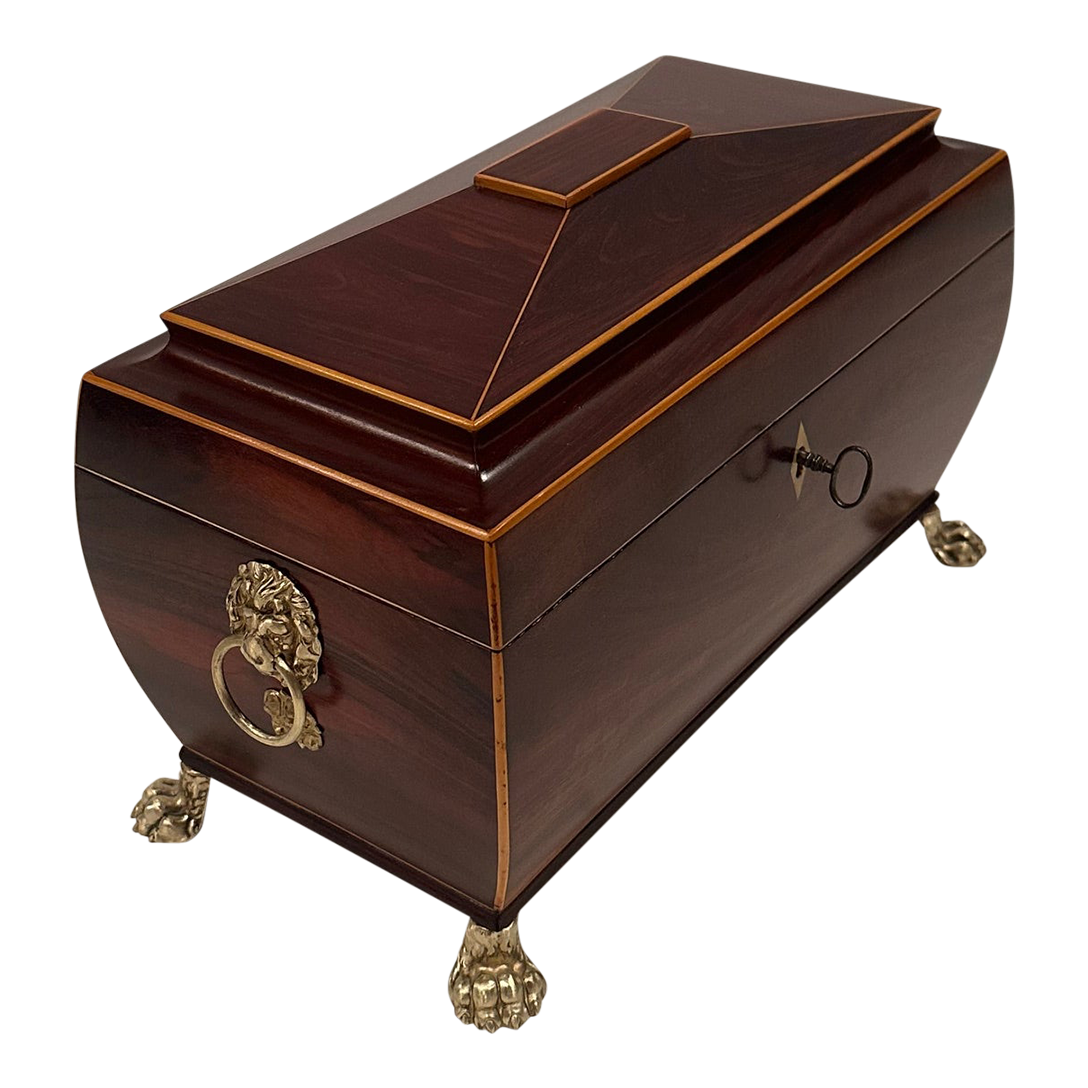 Mahogany Regency Style Tea Caddie With Inlay and Brass Lion Rings ...