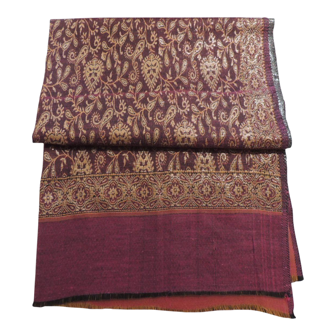Red Indian Paisley Shawl With Metallic Threads | Chairish