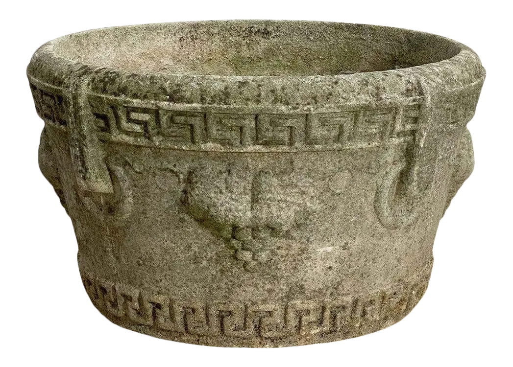 English Garden Stone Round Planter With Greek Key Design | Chairish